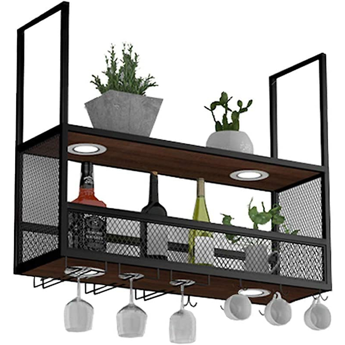 Ceiling Mounted Wine Bottle Holder Hanging Wine Shelf with Glass Holder (with Spotlights) | Metal Ceiling Mounted Hanging Wine Holder | Wooden Wine Bottle Holder | Suspended Wine G