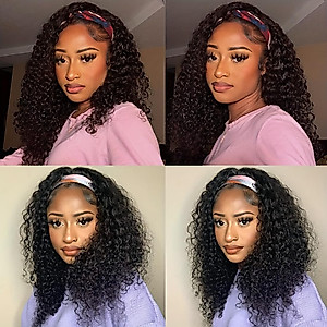 XSY Headband Wig Human Hair Deep Wave 16 Inch Wig Glueless Headband Wig Deep Wave None Lace Front Wigs Human Hair for Black Women 150% Density Wig Curly Hair Natural Color