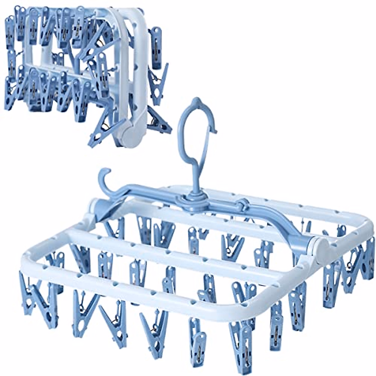 Foshine Clothes Drying Racks Foldable Clip Hangers Drip Hanger Plastic with 32 Drying Clips Wind-Proof Hook Underwear Hanger with Clips Plastic Laundry Clip for Socks Bras Blue (Blue)