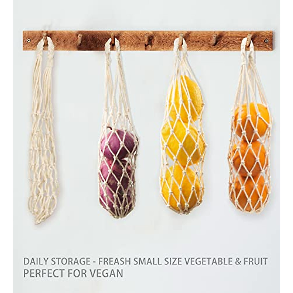 Small Cotton Net Reusable Produce Bags Handmade Pack of 6 -Hanging Fruit Net- Washable Farmhouse Hanging Kitchen Lemon,Onions,Garlics,Orange, Vegetable Storage Bags| Boho Décor