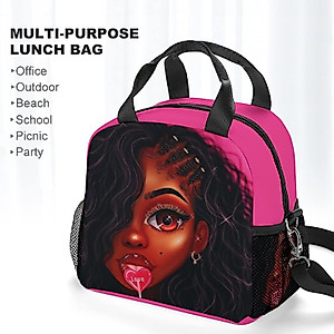 Pocxoep Black Girl Lunch Box for Kids Black Girl Insulated Lunch Bag with Shoulder Strap for Boys Girls Large Capacity Reusable African Lunch Boxes for School Work Picnic
