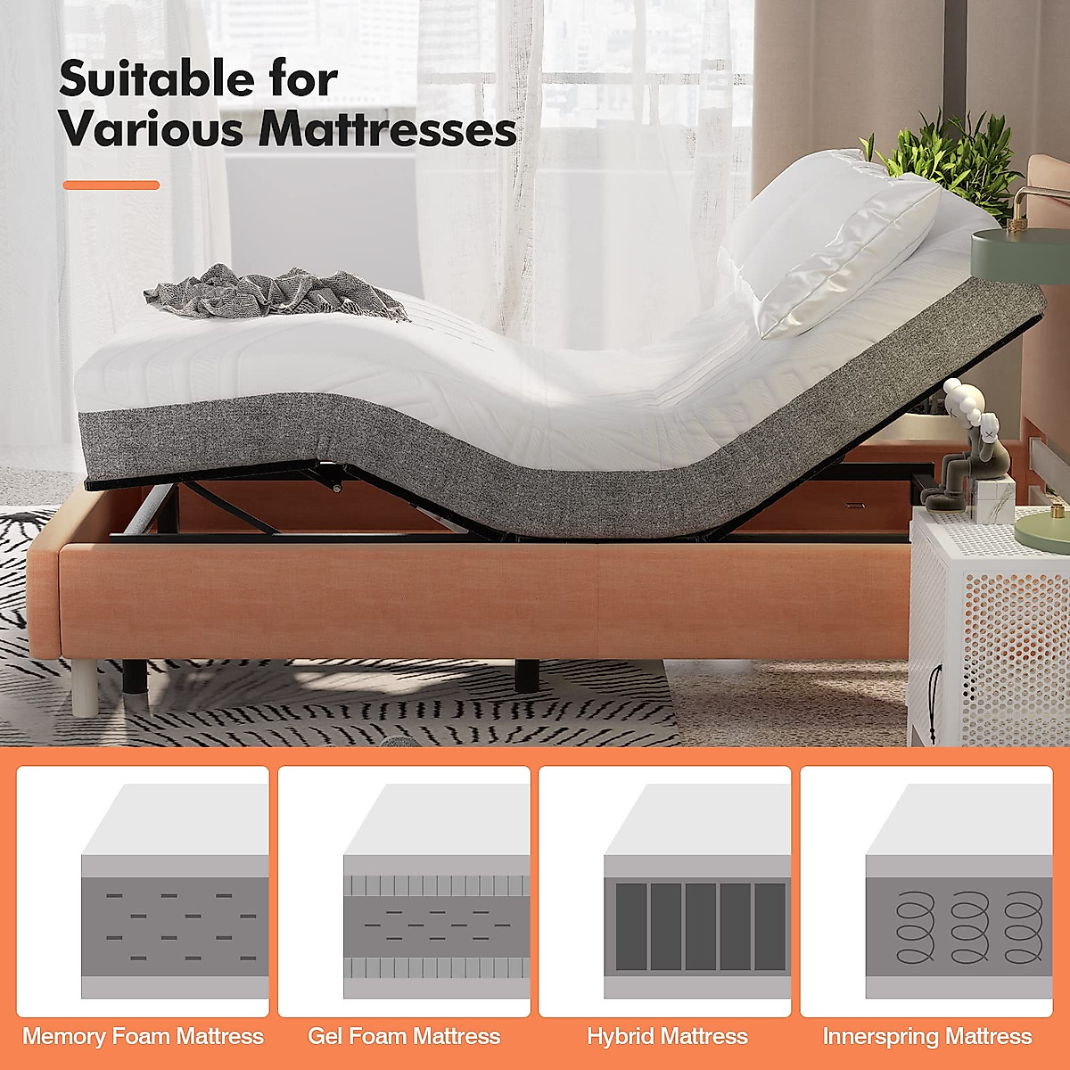 KOMFOTT Adjustable Bed Base with Remote, Electric Reclining Bed with Head & Foot Incline, LED Under-Bed Lighting and Dual USB Ports, Adjustable Bed Frame (Base Only, Queen)