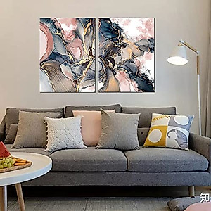 Abstract Canvas Prints Wall Art 2 Panel Texture Paint Stains Blue Rose Gold and Pink Picture Wall Decor For Bathroom Bedroom Living Room (12"x16"x2 (30x40cmx2))