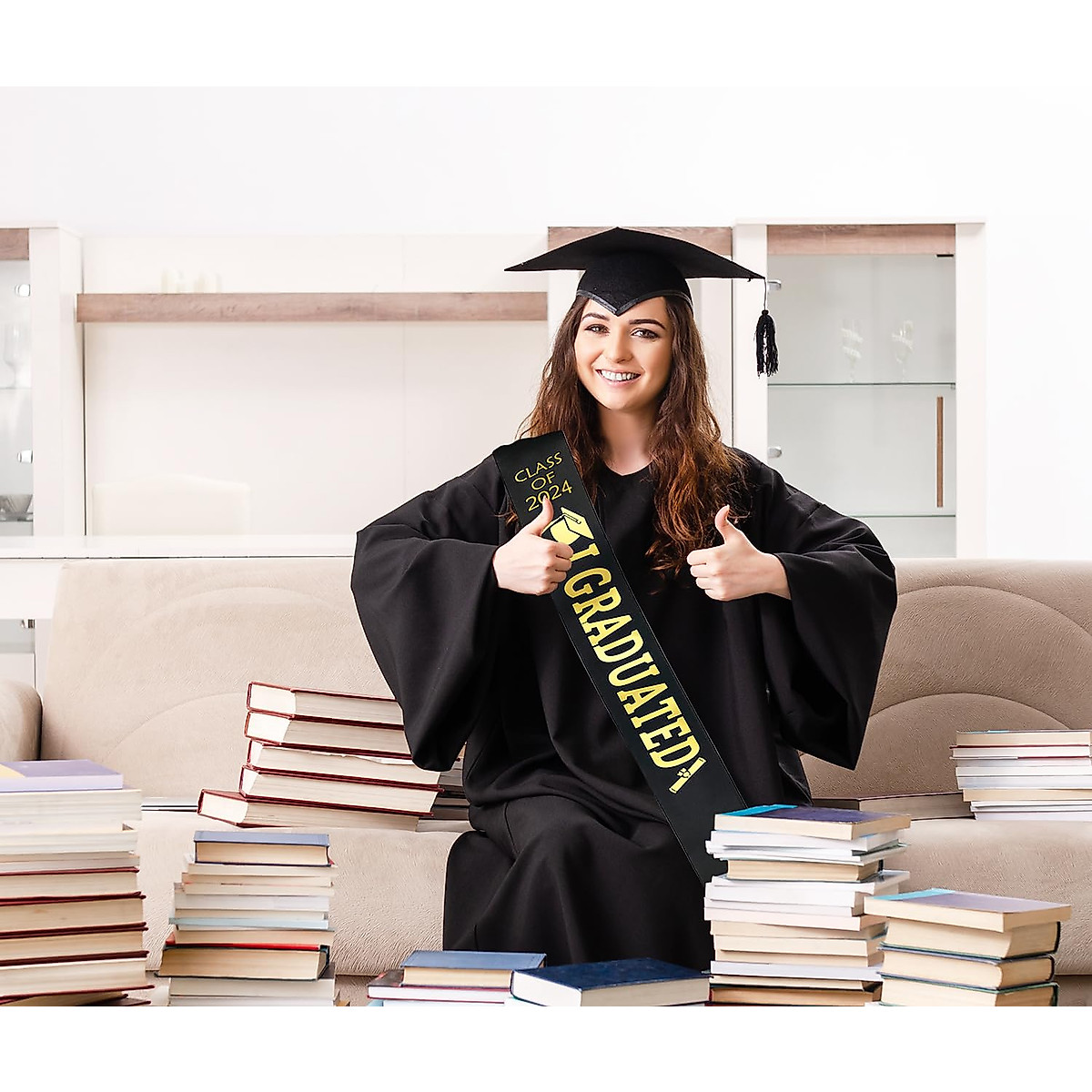 PENTA ANGEL Class Of 2024 Sash Finally Graduated 2024 Senior Cheerleader Satin Sash with Gold Letters for Celebration Graduation Party (Black)