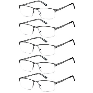 EYECEDAR 5-Pack Reading Glasses for Men Blue Light Blocking Gunmetal Gray Metal Half Frame Spring Hinges Readers Glasses Mens Readers 1.5