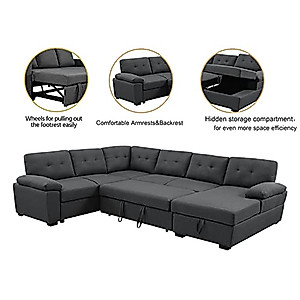 Sectional Sleeper Sofa Bed L Shaped Pull-Out Couch Bed with Storage Lounge Chair Home Office Sleeper Sofa Couch 6 Seater Sectional Couches Set, Dark Grey