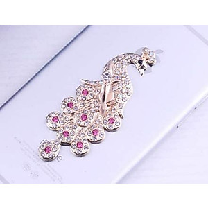 GoldenEL Universal 360 Degree Rotating Finger Ring Stand Holder Kickstand for Cell Phone iPhone or Tablet - Crystal Long Feathers Peacock (Pink)
