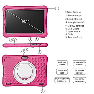 JREN Kids Tablet, 10" Tablet for Kids,IPS HD Display 1280 X 800, RAM 4GB and 64GB Storage, Google Family Link Kids Space Pre-Installed, YouTube,Ages 6-12,Color Pink
