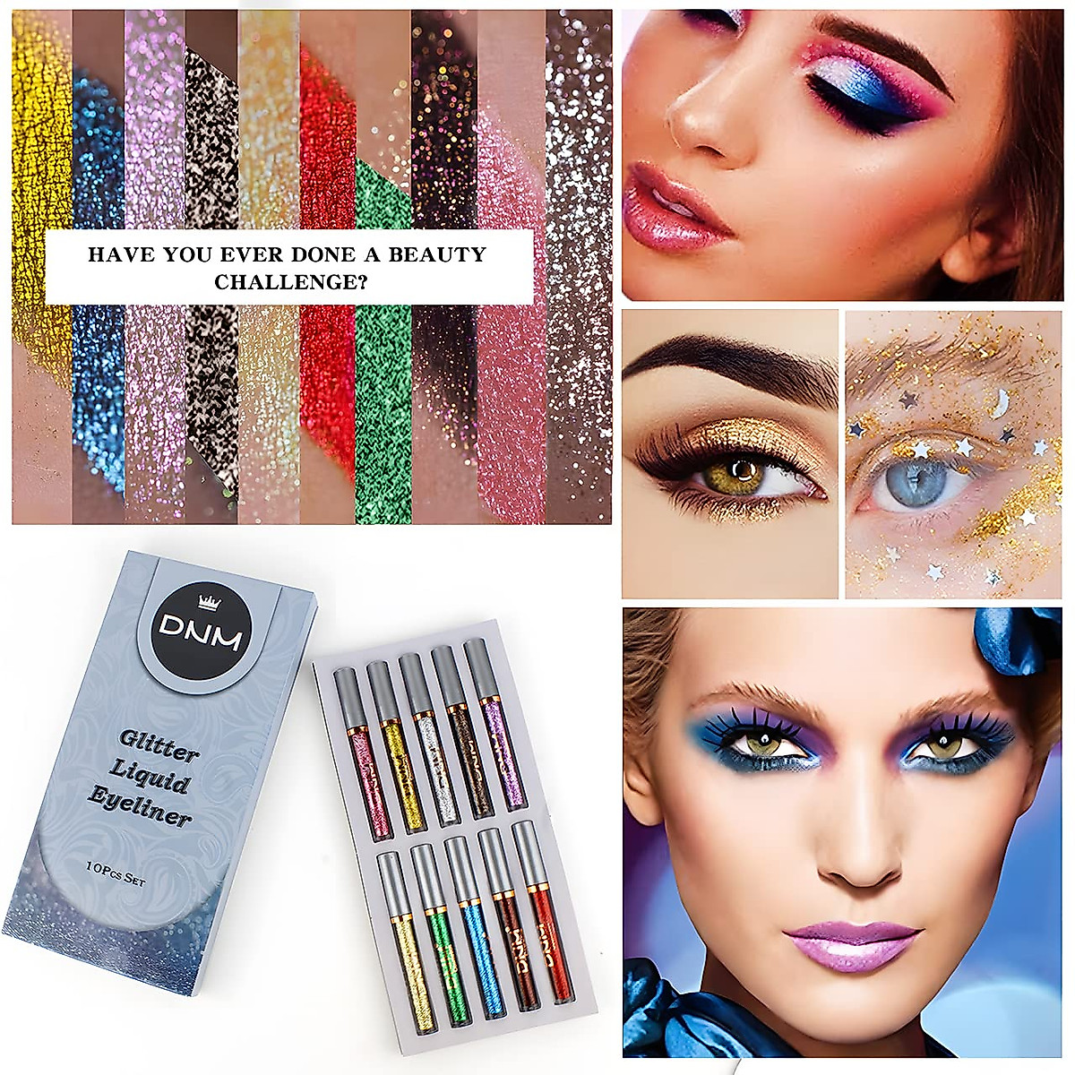 VOLLUCK 10 Colors Glitter Eyeliner liquid, Metallic Shimmer Glitter Eyeshadow, Long Lasting Waterproof Sparkling Eyeliner Eye Shadow Set for Party Festival Makeup