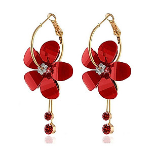 Romantic Crystal Acrylic Rose Flower Earrings Five Leaves Exaggerated Round Hoop long Tassel Earring for Women Jewelry (Red) (Red)