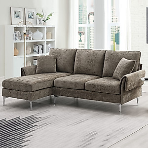YuiHome 84" Convertible Sectional, Modern Chenille L-Shaped Sofa Couch with Reversible Chaise Lounge, Fit for Living Room, Apartment,2 Pillows,Espresso