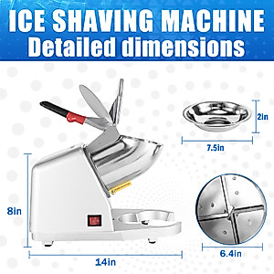 Ice Shaver Machine - Electric 4 Blades Ice Crusher Shaver, Stainless Steel Snow Cone Maker Shaved Ice Machine (300W 2200r/min) for Home & Commercial Use, Prevent Splash, with Ice Pick & Bowl