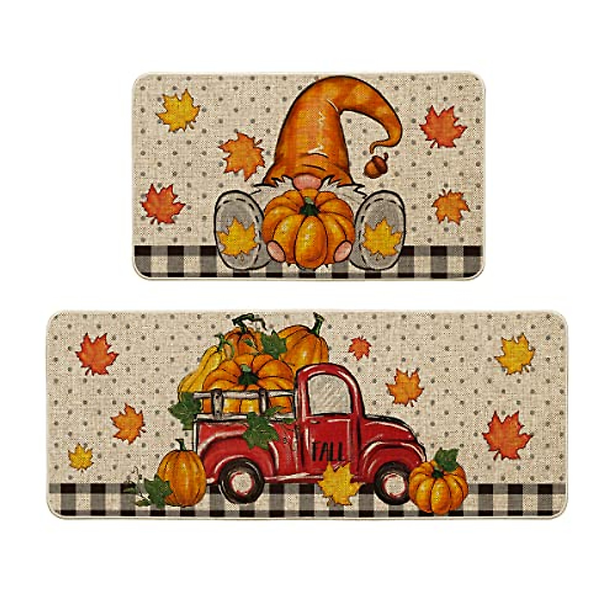 Artoid Mode Polka Dot Gnome Truck Pumpkin Fall Kitchen Mats Set of 2, Maple Leaf Home Decor Low-Profile Kitchen Rugs for Floor - 17x29 and 17x47 Inch