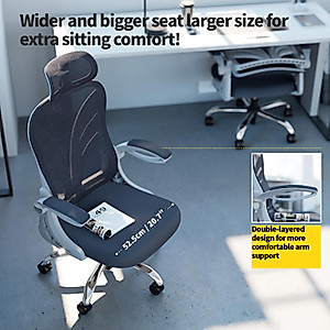 HOLLUDLE Ergonomic Office Chair with Foldable Backrest, Computer Desk Chair with Flip-up Armrests, Mesh Lumbar Support and 2D Headrest Big and Tall Office Chair, White