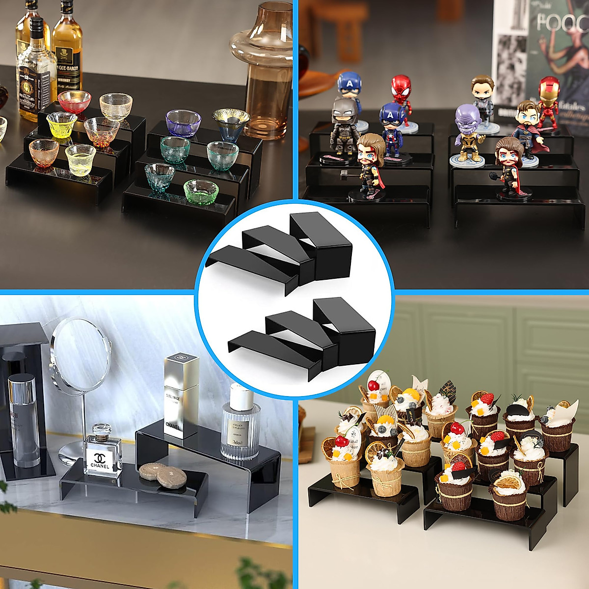 Goabroa Black Acrylic Display Risers, 3 Tiers 2 Set (6 Pcs) Acrylic Shelves Organizer Display Stand, Conutertop Desktop Acrylic Display for Decoration and Organizer