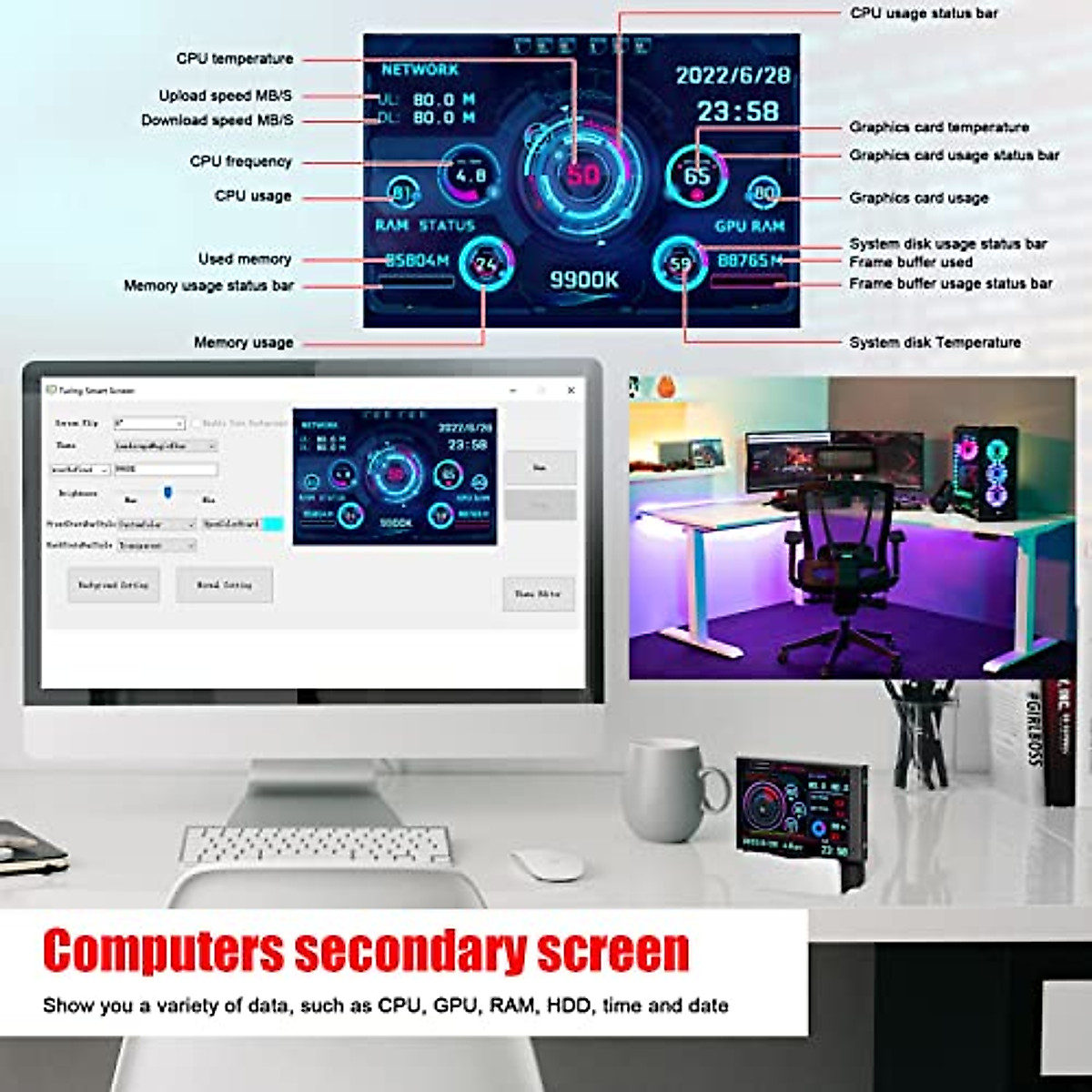 Display Screen, USB Simple Installation Mini Monitor Various Modes IPS Full View for Working