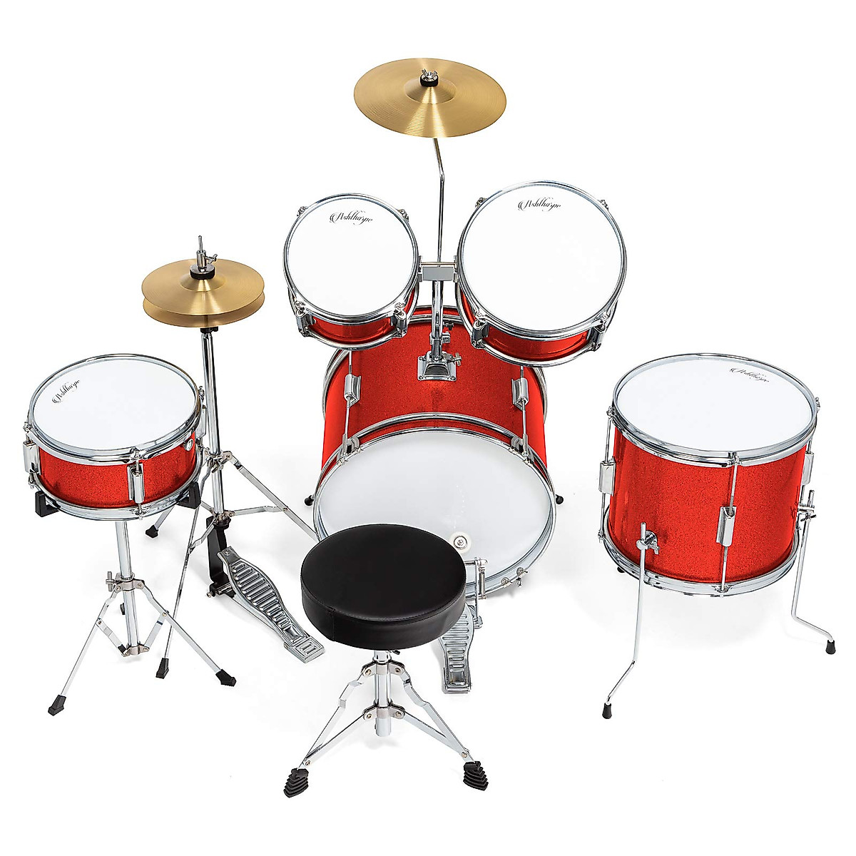 Ashthorpe 5-Piece Complete Junior Drum Set with Genuine Brass Cymbals - Advanced Beginner Kit with 16" Bass, Adjustable Throne, Cymbals, Hi-Hats, Pedals & Drumsticks - Red