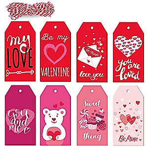Adurself 160Pcs 8 Styles Valentine Paper Gift Tags Red Pink Kraft Gift Tags Hang Labels with 98ft String for Valentine's Day Wedding Party Favor Gift Wrapping