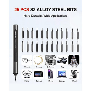 Mini Electric Screwdriver Set Rechargeable Precision Screwdriver 26 in 1 with 25 S2 Magnetic Bits 3.7V Small Screwdriver Kit for PC, Eyeglass, Laptop, Watch - Space Gray