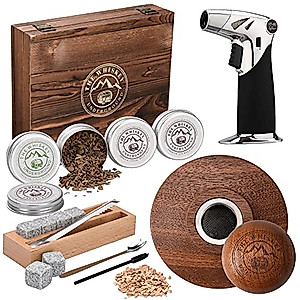 The Whiskey Underground Whiskey Smoker Kit - Cocktail Smoking Kit With Smoking Top, Butane Torch, Tongs, Whiskey Stones - Apple, Cherry, Oak, Walnut Wood Chips - Premium Wooden Box - 11.88x9.96x2.75 Great Gift Set For Husband, Father, Groomsmen. Perfect f