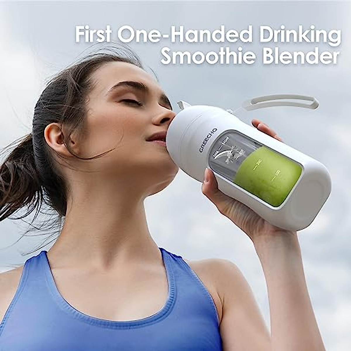 GREECHO Portable Blender, One-handed Drinking Mini Blender for Shakes and Smoothies, 12 oz Personal Blender with Rechargeable USB, Made with BPA-Free Material Juicer, Matte White