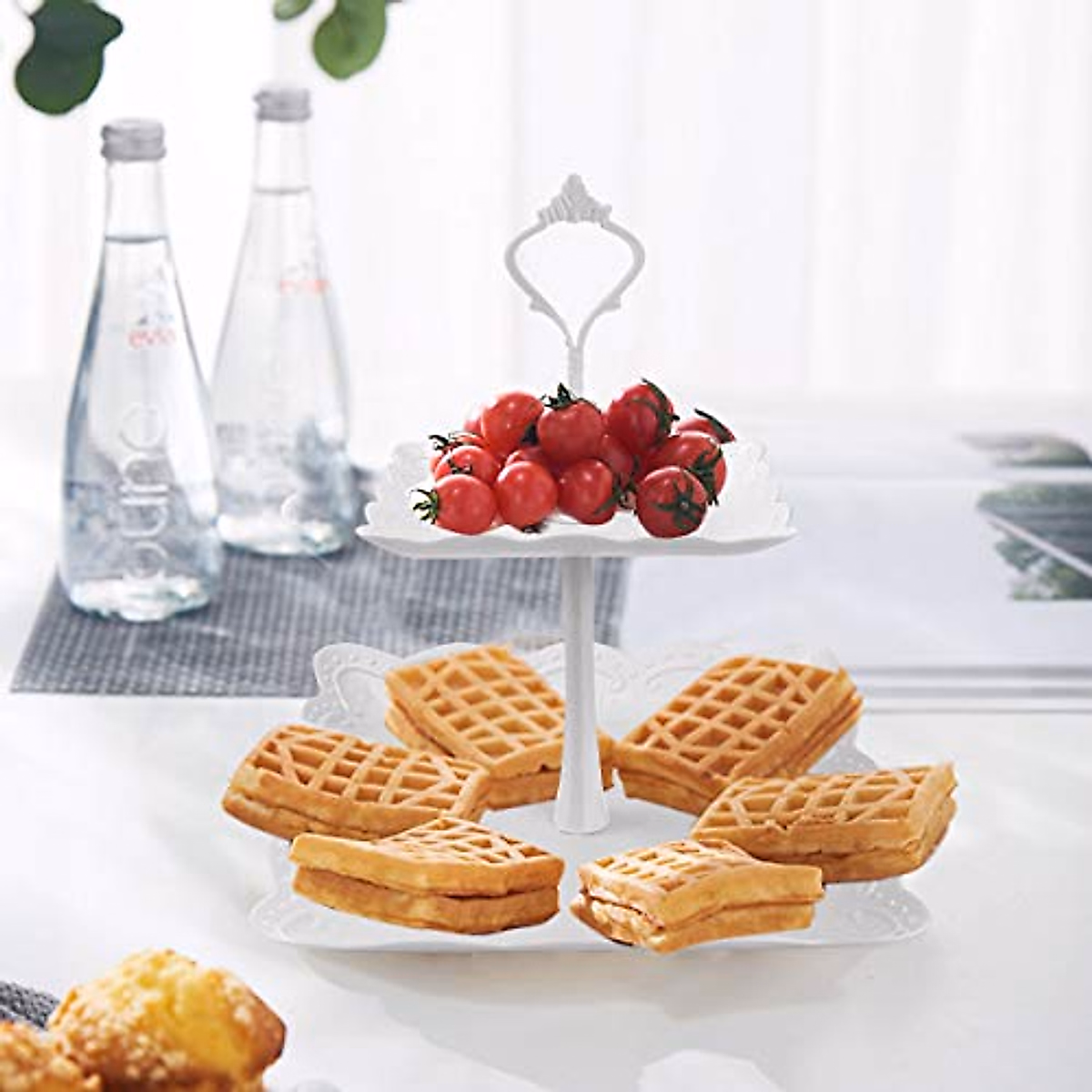 Doryum Three Tiers White Cake Display Stand with Fittings, Plastic Square Cake Stand Display Fruit Plate, Dessert Stand, Cupcake Stand Party Serving Platter Stand for Birthday Weeding Party