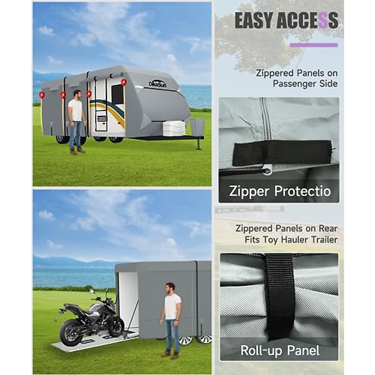 DikaSun Travel Trailer RV Cover, 7-Ply Layers Top 35-38ft Windproof Waterproof UV Protection Ripstop Camper Cover with Tongue Jack Cover, Gutter Covers and Extra Long Straps