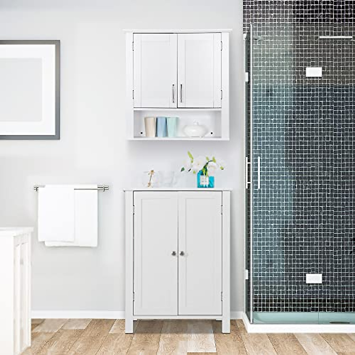 SUPER DEAL Modern Bathroom Floor Storage Cabinet with Adjustable Shelf and Double Door Rust Proof, Living Room Modern Home Furniture Storage Organizer Cabinet