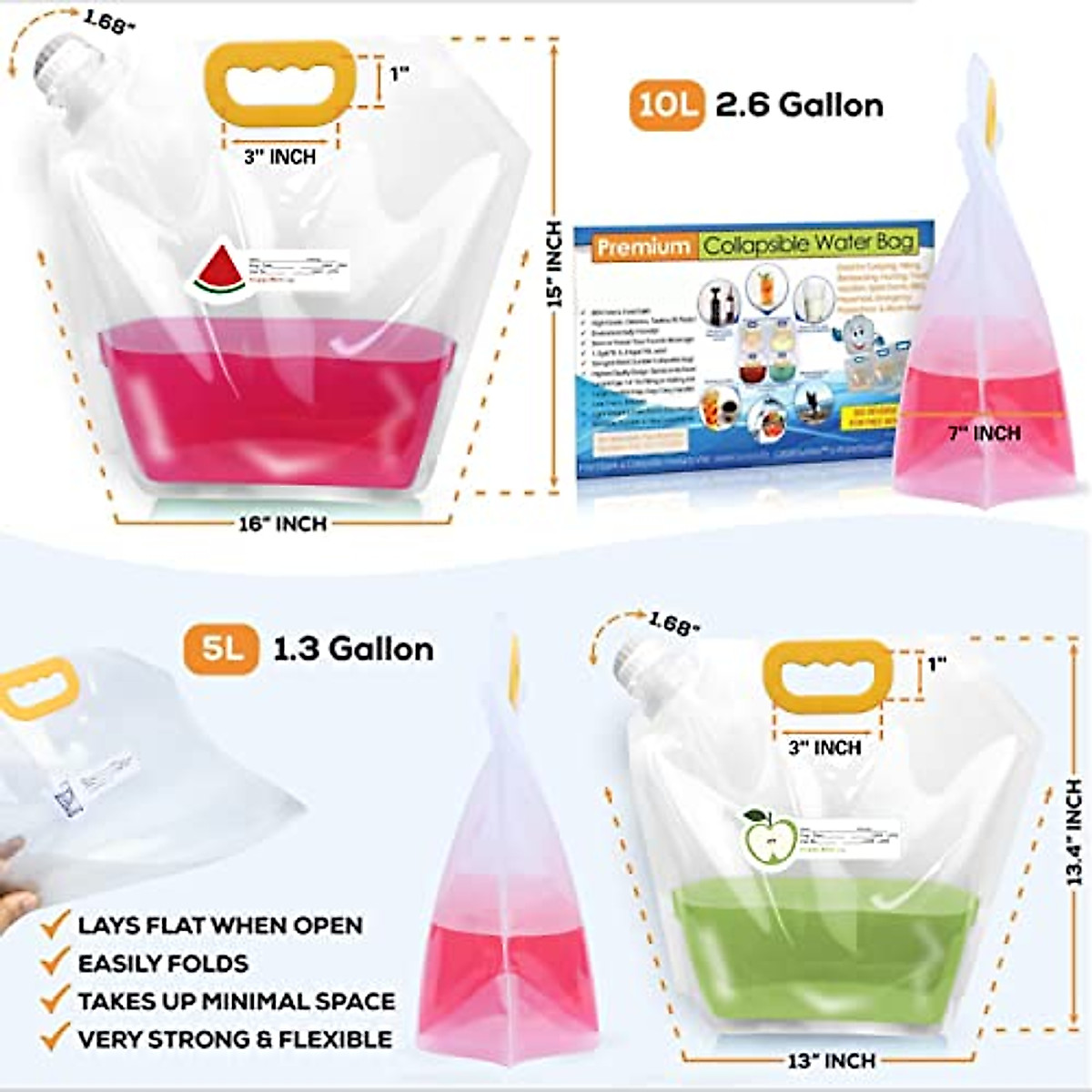 Water Storage Bag Foldable Container Handle Carrier Jugs Storing Wash Station Tank BPA Free Transparent Cube Emergency Survivals Freezer Cateen 1.3/2.6 Gallons