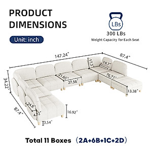LLappuil Modular Sectional Sofa U Shaped Sectional Modular Sofa with Storage Convertible Modular Sectional Couch for Living Room, Removable Teddy Velvet 9 Seater Couch with Coffee Table, Beige
