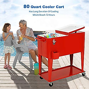 YUSING Patio Rolling Cooler Ice Chest Cart with Bottom Shelf, Portable Beach Patio Party Bar Cold Drink Beverage Chest, 80 Quart, Red