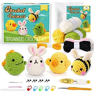 PP OPOUNT Beginner Crochet Kit, Crochet Starter Kit for Adults and Kids, Complete Crochet Set to Make 4 PCS Animals, Learn to Crochet with Step-by-Step Instruction and Video Tutorials