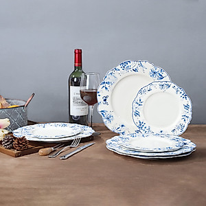 fanquare Vintage 11 Inch Porcelain Dinner Plates Set of 4, Blue Floral Ceramic Serving Plates, Microwavable Plates