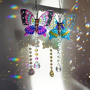 Set 2 Metal Butterfly Suncatchers for Windows - 14" Outdoor Fence Wall Art Decor, Rainbow Prisms Sun Catchers with Crystals Hanging for Home Garden Ornament