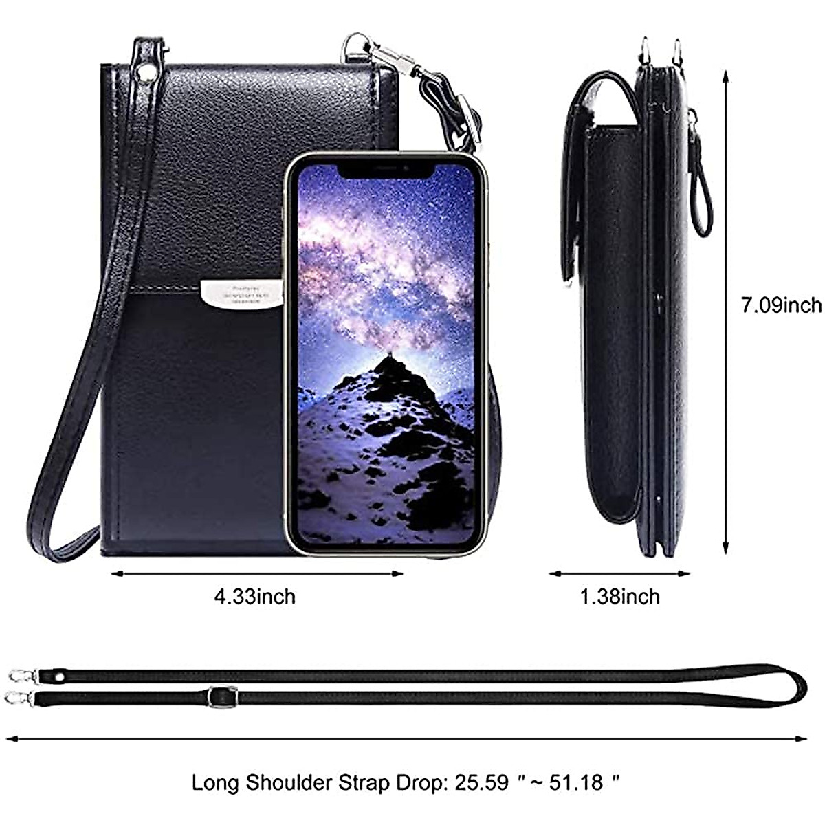 Small Crossbody Bag Long Cell Phone Purse Bag Wallet with Credit Card Slots Women Student Diagonal Wallet Multi-function Shoulder Bag (Black)