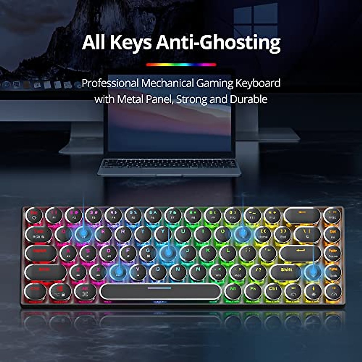 Ussixchare Retro Typewriter Mechanical Keyboard 60 Percent Gaming Keyboard RGB Backlit 68 Keys Punk Keyboard Wired with Blue Switch, Round Keycaps for Windows/Mac/PS4/PS5/Xbox