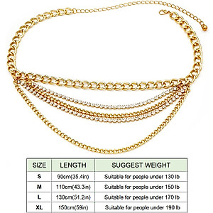 Glamorstar Multilayer Chain Belts for Women Rhinestone Waist Belt Punk Gorgeous Chain for Ladies Dresses Gold 130CM