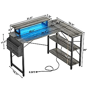 Homieasy L Shaped Computer Desk with LED Strip & Power Strip, 47 Inch Corner Desk with Monitor Stand Reversible Storage Shelves, Modern Simple Home Office Gaming Desk with Storage Bag(Black Oak)