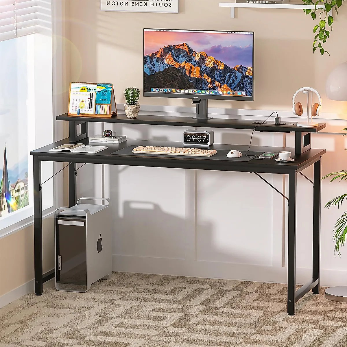 Hyomdeck Computer Desk with USB Power Outlets and LED Lights, 47 inch Gaming Desk with Monitor Stand for Small Space Home Office, Modern Simple Study Writing Table PC Desks, Black