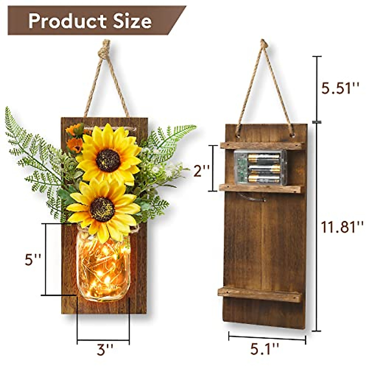 Sunflower Wall Decor Mason Jar Sconces Wall Decor 2 Pcs Rustic Farmhouse Handmade Wall Art Hanging with Remote Control LED Fairy Lights for Home Kitchen Living Room House Bedroom Wall Decorations