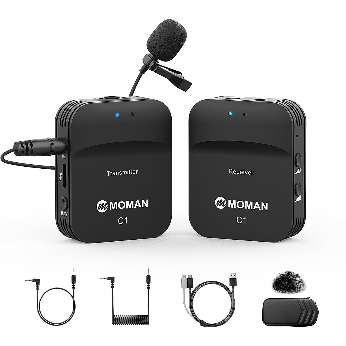 Moman Wireless Lavalier Microphone, 2.4GHz Compact Wireless Lapel Mic System with Noise Cancellation Transmission 8H Battery Life for DSLR Cameras/Smartphone/Tablet/Live Streaming (C1 Solo)