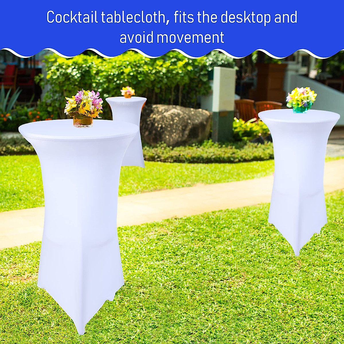 8 Packs 32 x 43 Inch Cocktail Spandex Tablecloths Cocktail Round Table Cover Spandex Stretch Square Tablecloth for Fitted High Top Table (White)