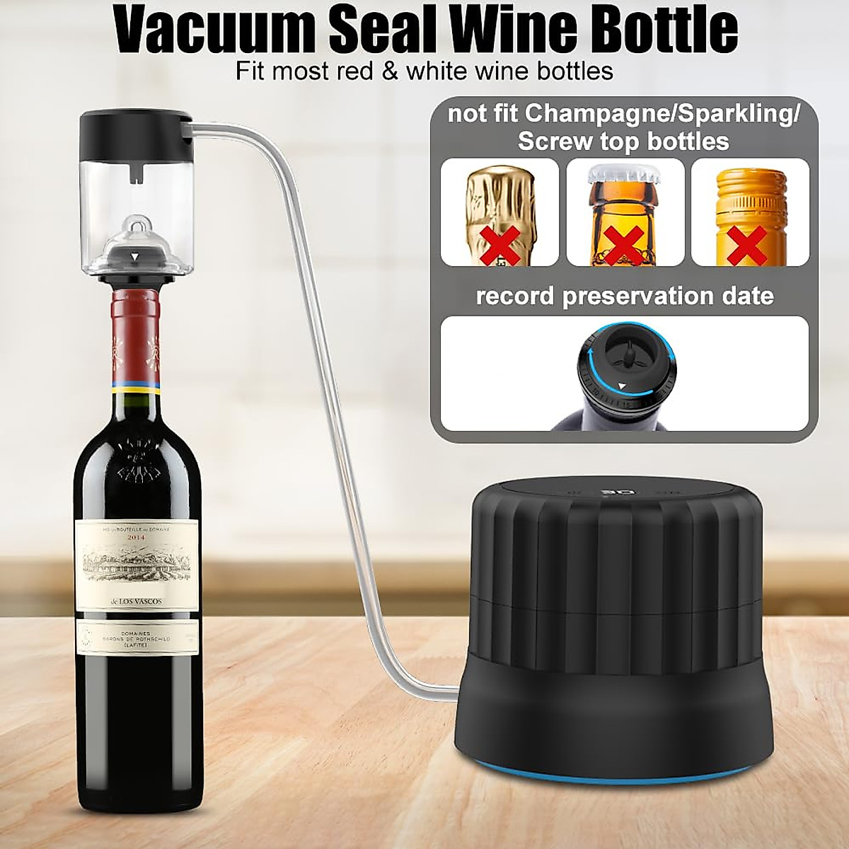 HiFan 3 in 1 Electric Vacuum Sealer, Jar Vacuum Sealer Kit with Wine Stopper for Wide & Regular Mouth Mason Jar/Wine Bottles/Sous Vide Bags/Zipper Bags/Container for FoodSaver (Black)