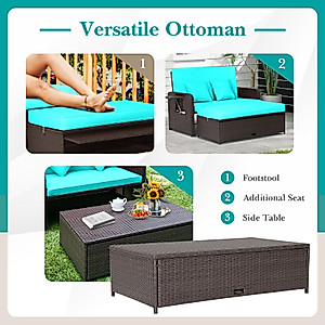 RELAX4LIFE Wicker Patio Outdoor Daybed - Rattan Day Bed Lounger with Loveseat & Storage Ottoman, Sunbed Sofa Set w/Cushions, 4-Level Adjustable Backrest & 2 Retractable Trays, Patio Daybed (Turquoise)
