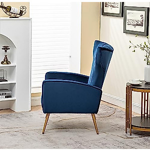 Container Furniture Direct Armchair Modern Velvet Accent Chair, Channel Tufted Bedroom, Office or Living Room Furniture with Elegant Metal Legs, Blue