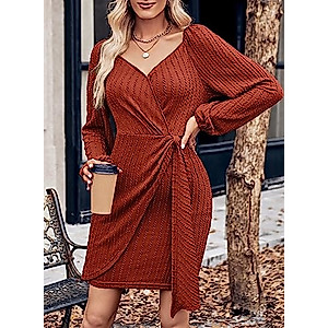 Dokotoo Dresses for Women 2023 Wrap V Neck Long Sleeve Asymmetrical Ribbed Knit Tie Waist Casual Slim Fit Mini Party Wedding Guest Bodycon Sweater Dress Fall Fashion Clothes Red Large