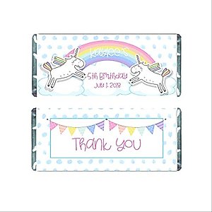 Pastel Rainbow Unicorn Birthday Personalized Candy Bar Wrappers for Chocolate Party Favor, Hershey Bar Labels, Pack of 20