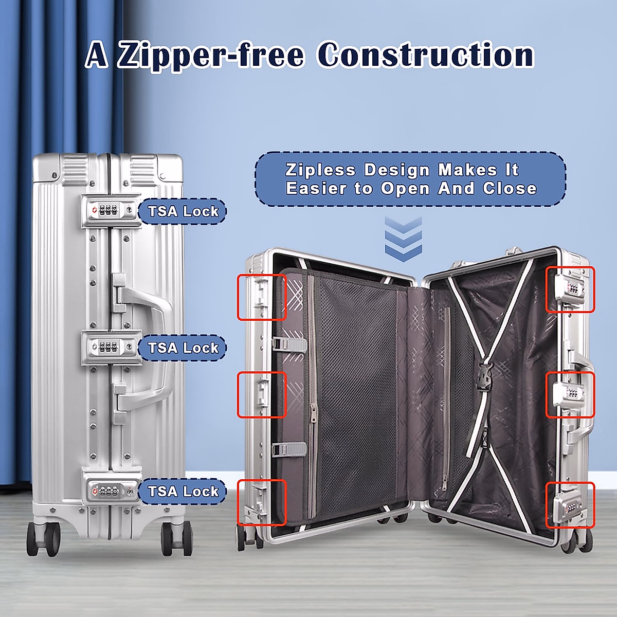 DOMINOX All Aluminum Carry On Luggage Hard Shell Luggage Aluminum Suitcase for Travel Zipperless Luggage Checked Luggage with Silent 360° Spinner Wheels 26 In. (Vertical Grain Style, Sliver)