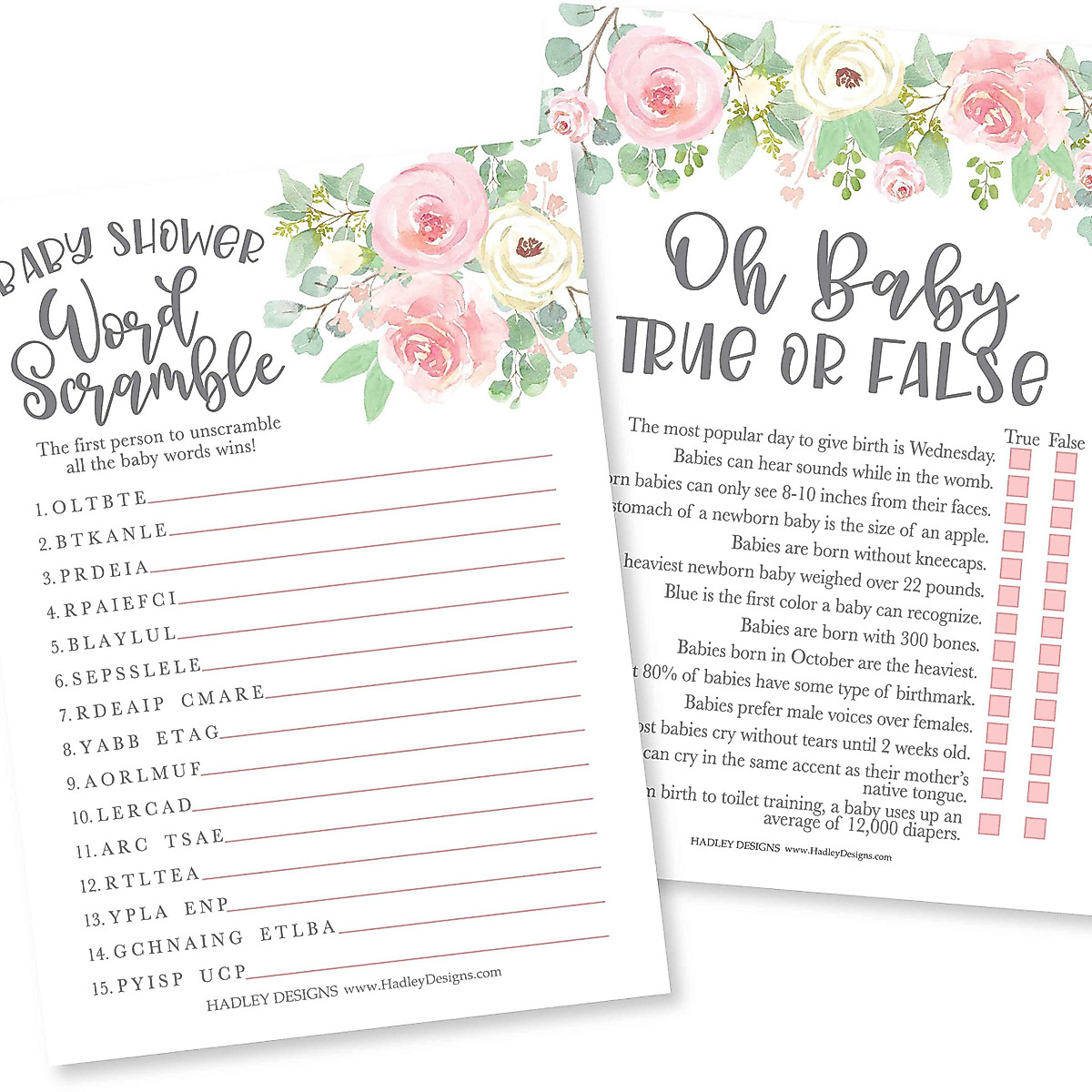 25 Floral Word Scramble For Baby Shower, 25 True Or False Game, 25 Baby Animal Matching, 25 Nursery Rhyme Game - 4 Double Sided Cards Baby Shower Ideas, Baby Shower Party Supplies