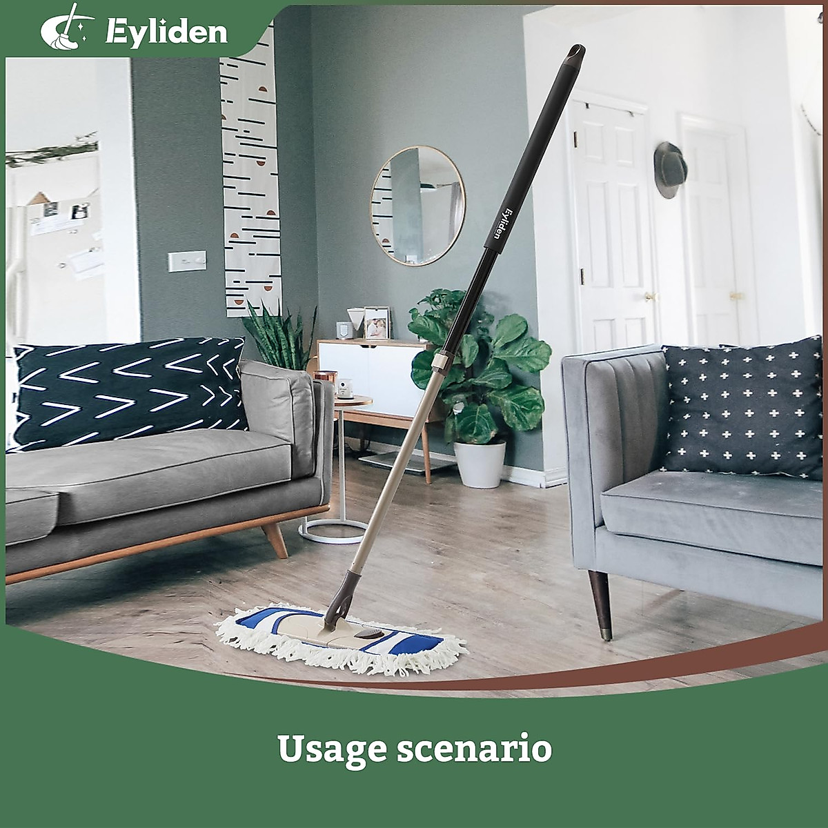 Eyliden Dust Mop with 2 Reusable Washable Pads - One Touch Replacement, Height Adjustable Handle, Wet & Dry Mops for Floor Cleaning, Hardwood, Laminate, Tile Flooring Push Dust Broom